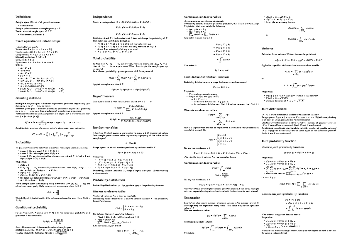 St2334 Midterm Exam Cheatsheet: Independence & Continuous Random Variables - Studocu