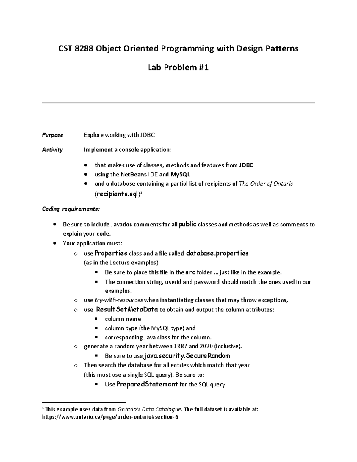 CST 8288 Lab Problem: JDBC Console App with Design Patterns and SQL ...