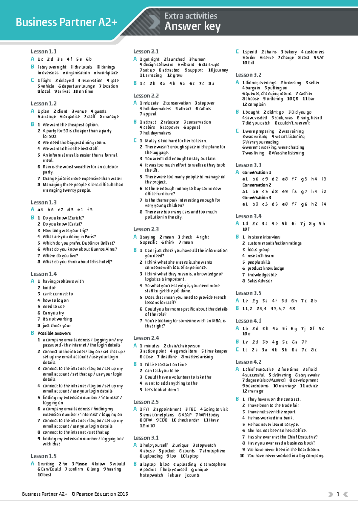 Business Partner A2 Key: Extra Activities Lesson Notes and Answers ...