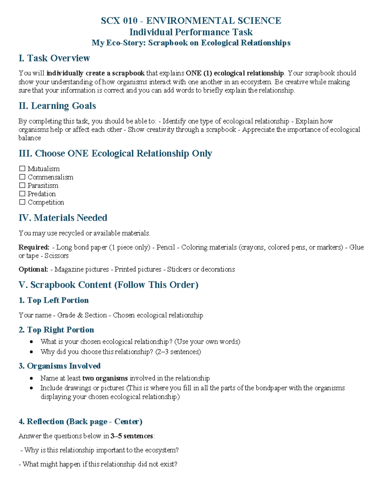 SCX 010 ENVIRONMENTAL SCIENCE Individual Performance Task: Scrapbook on ...