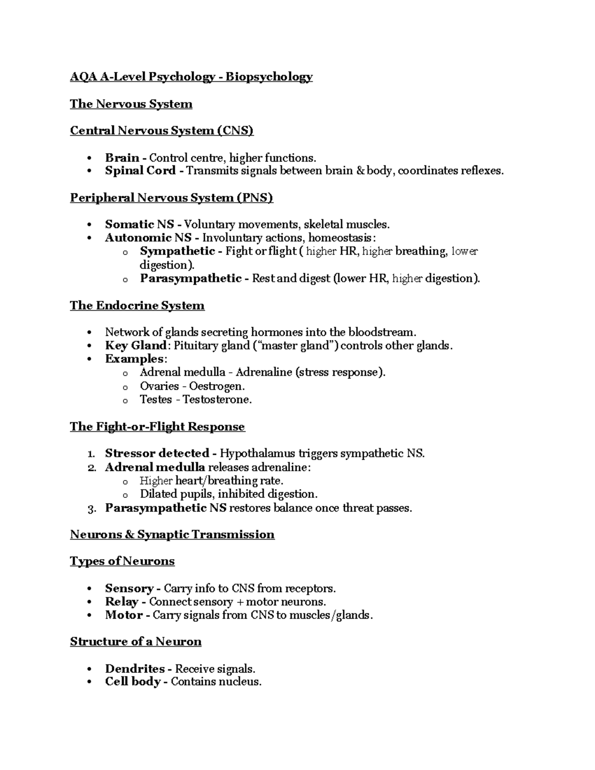 Biopsychology (AQA) Main Notes: Nervous & Endocrine Systems Overview ...