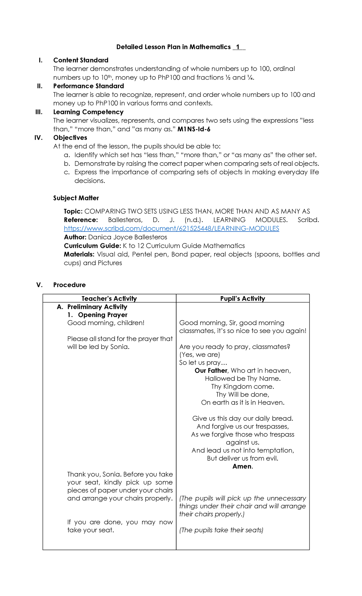 Detailed Lesson Plan in Math 1: Comparing Two Sets Using , and = - Studocu