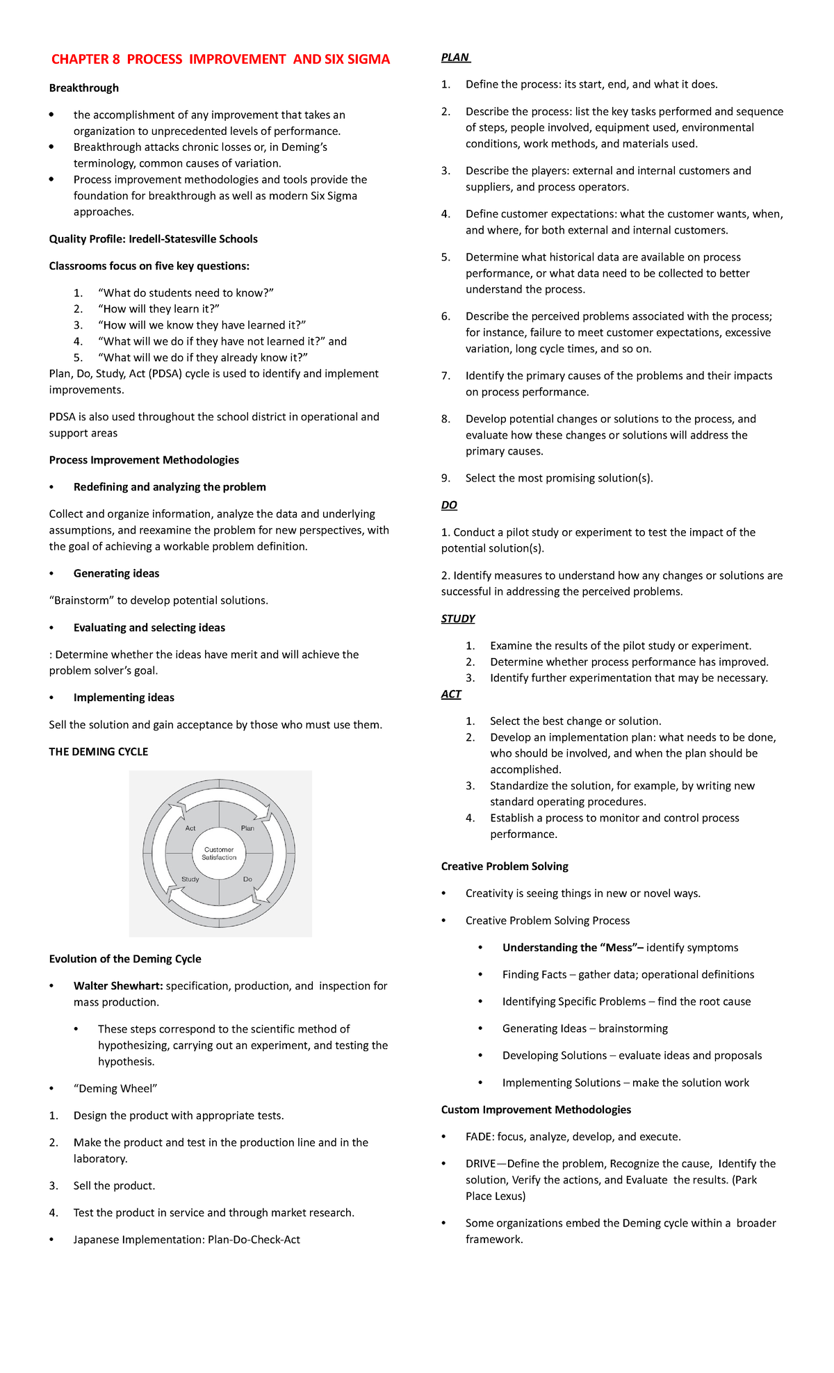 Chapter 8: Process Improvement & Six Sigma Strategies Explained - Studocu
