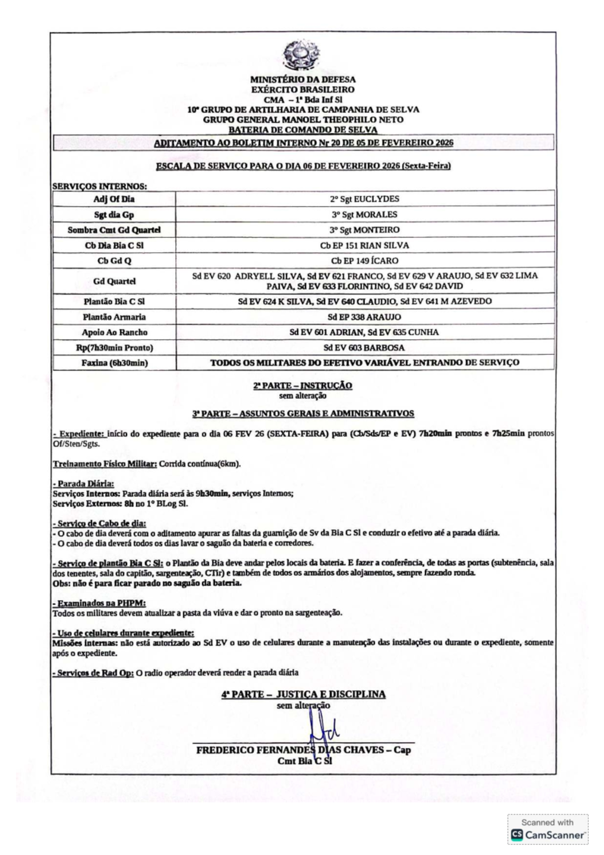 Aditamento ao Boletim Interno Nr 20 - Escala de Serviço 06 Fev 2026 ...