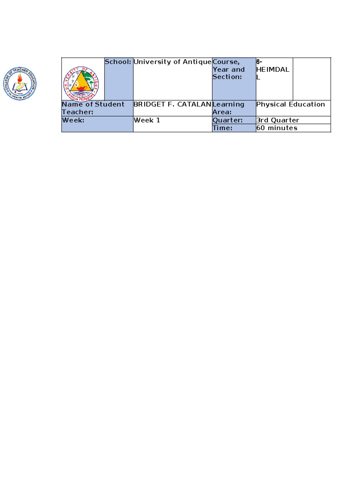 Grade 8 PE Detailed Lesson Plan: Week 1 - Community Wellness Activities ...