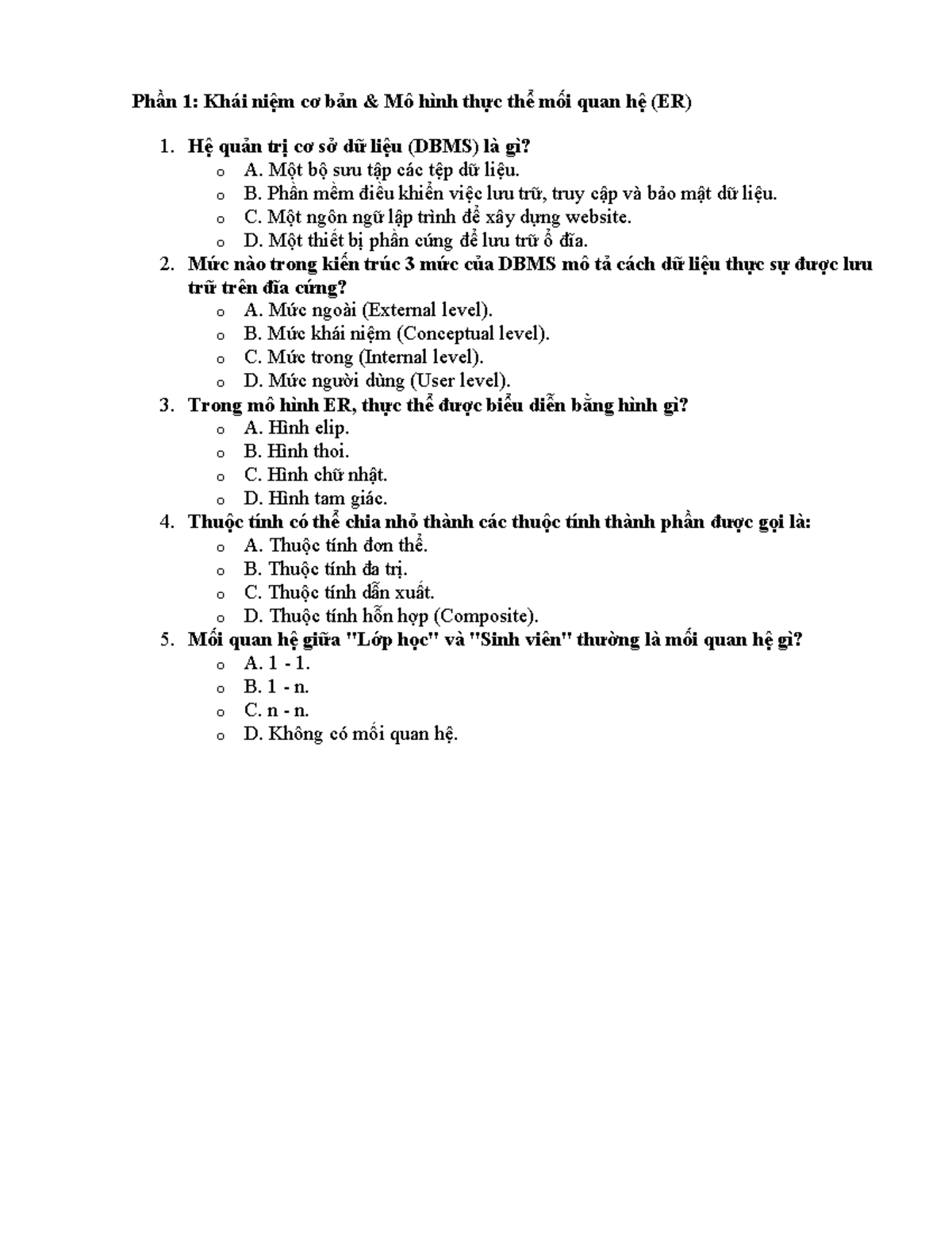 TN-hqtcsdl - Trắc nghiệm Mô hình thực thể mối quan hệ (ER) - Studocu