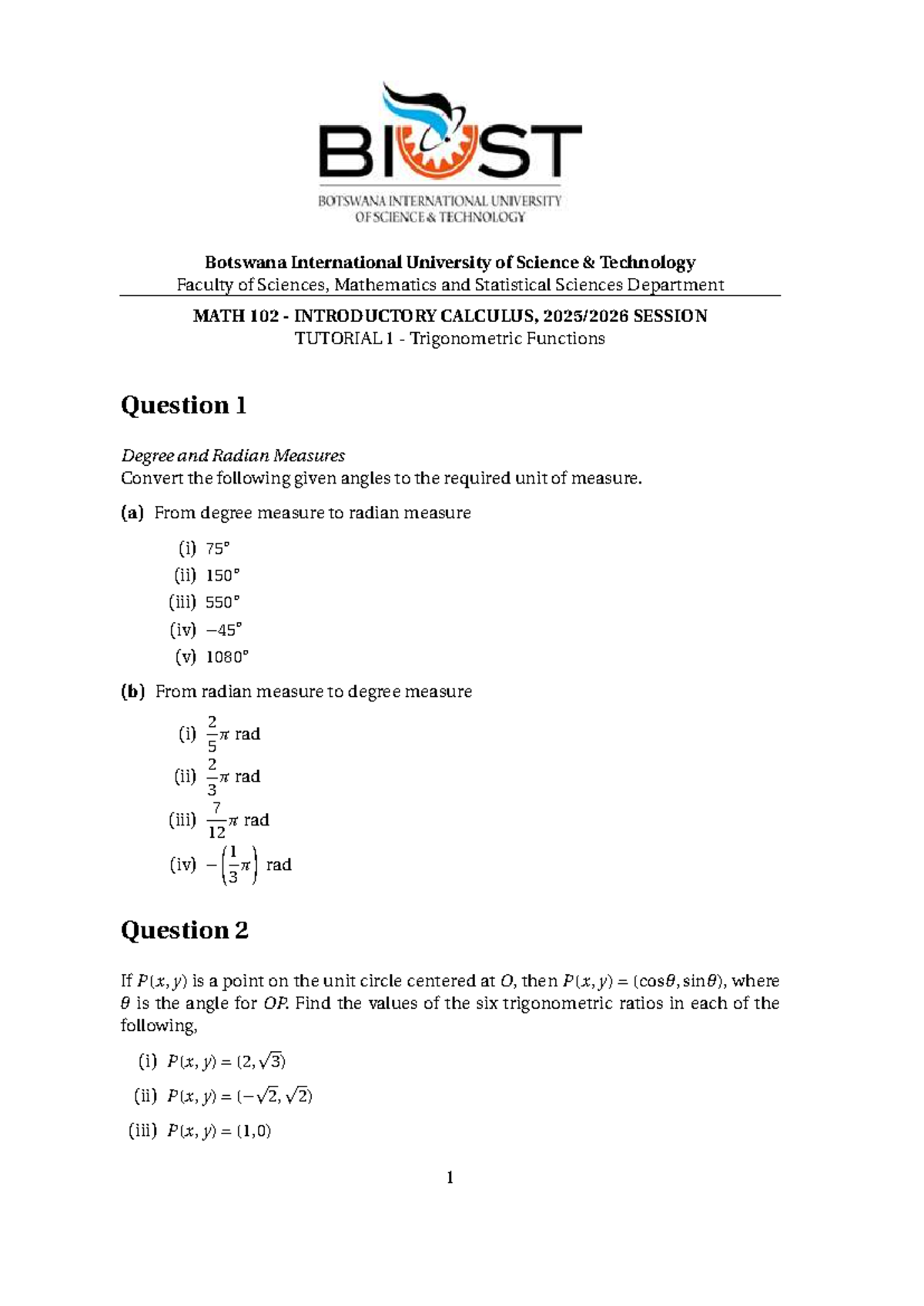 Math 102 - Tutorial 1: Trigonometric Functions & Angle Measures - Studocu