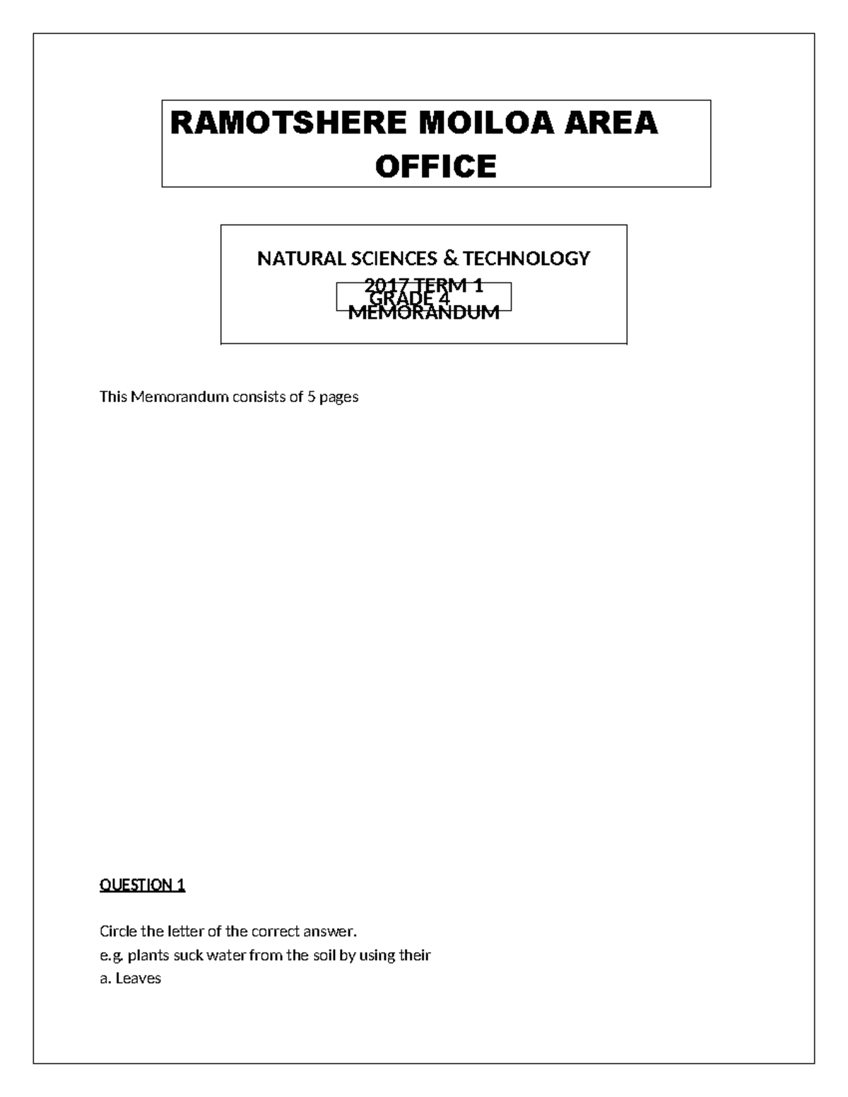 NSTECH Grade 4 Natural Sciences Term 1 Memo March 2017 - Studocu