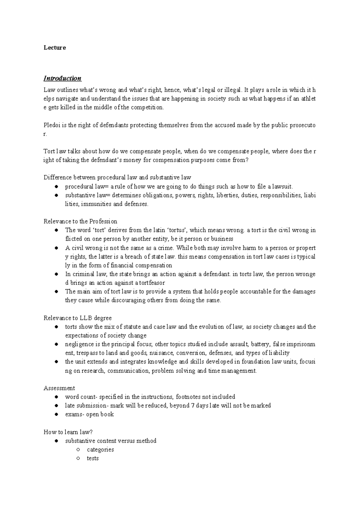 Torts Law Lecture Notes (Course Code: LLB-201) - Studocu