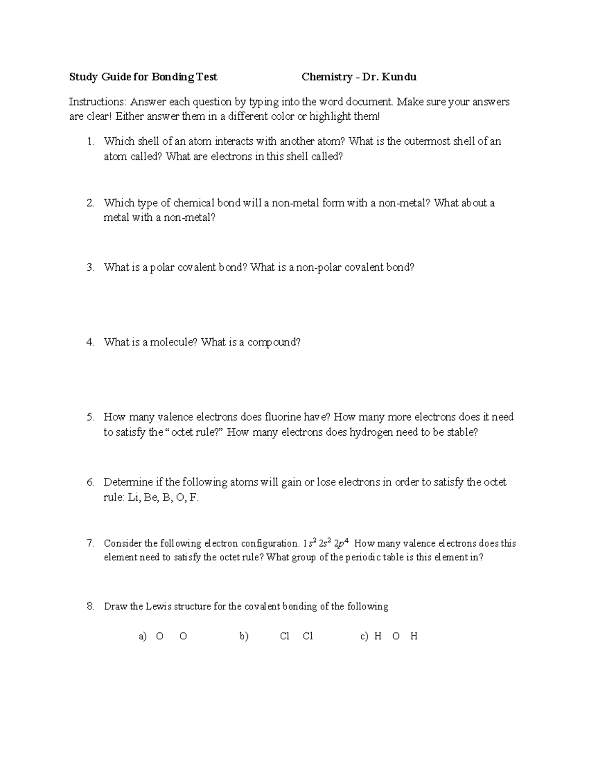 Chemistry Study Guide for Bonding Test - Dr. Kundu - Study Guide for ...