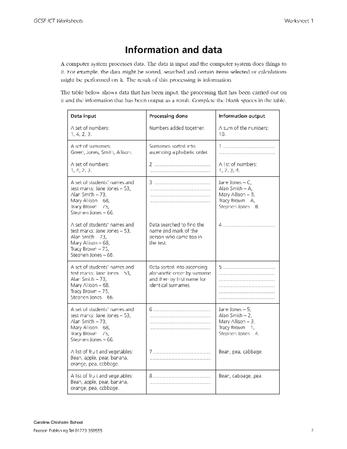 GCSE ICT Worksheet 1: Understanding Data and Information Processing ...
