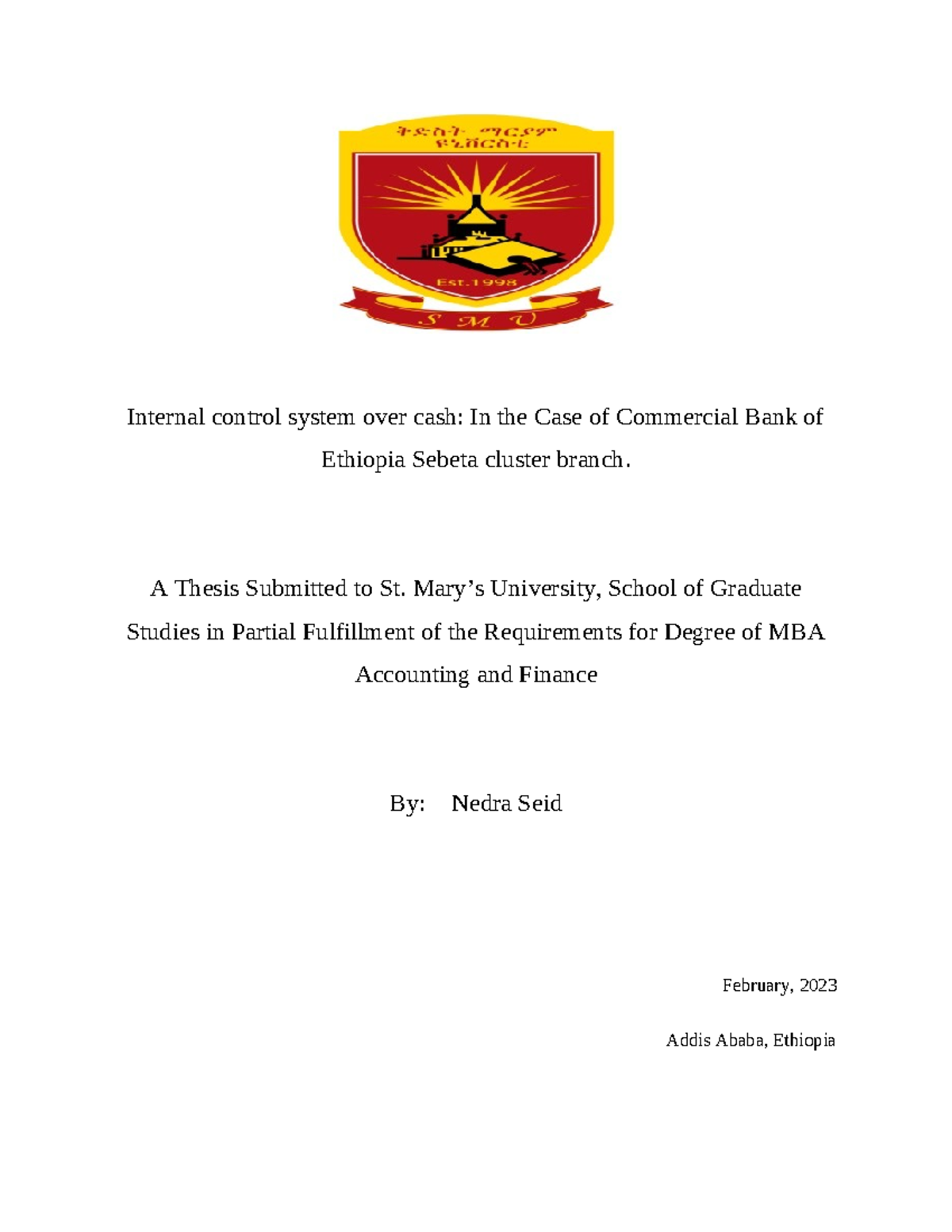 Assessment of Internal Control Over Cash: A Case Study of CBE Sebeta ...