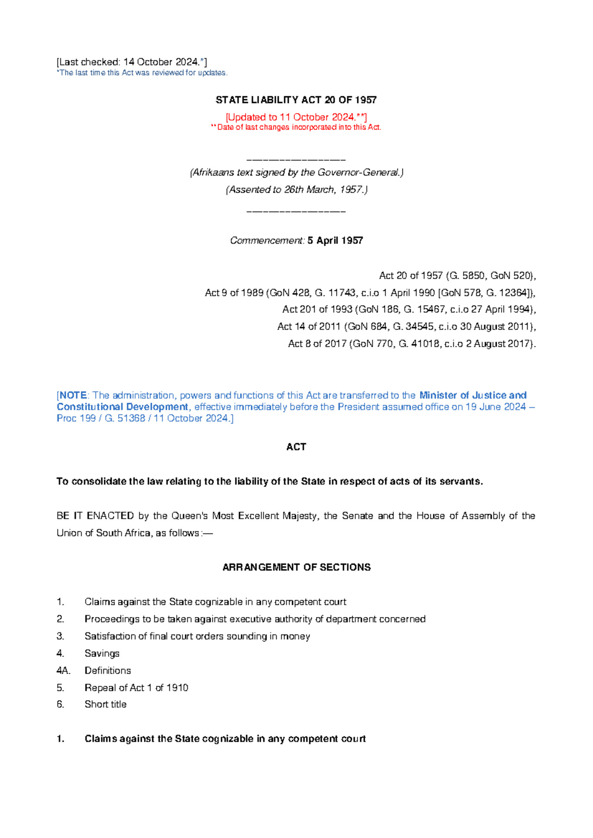 State Liability Act 20 of 1957: Overview and Recent Amendments - Studocu