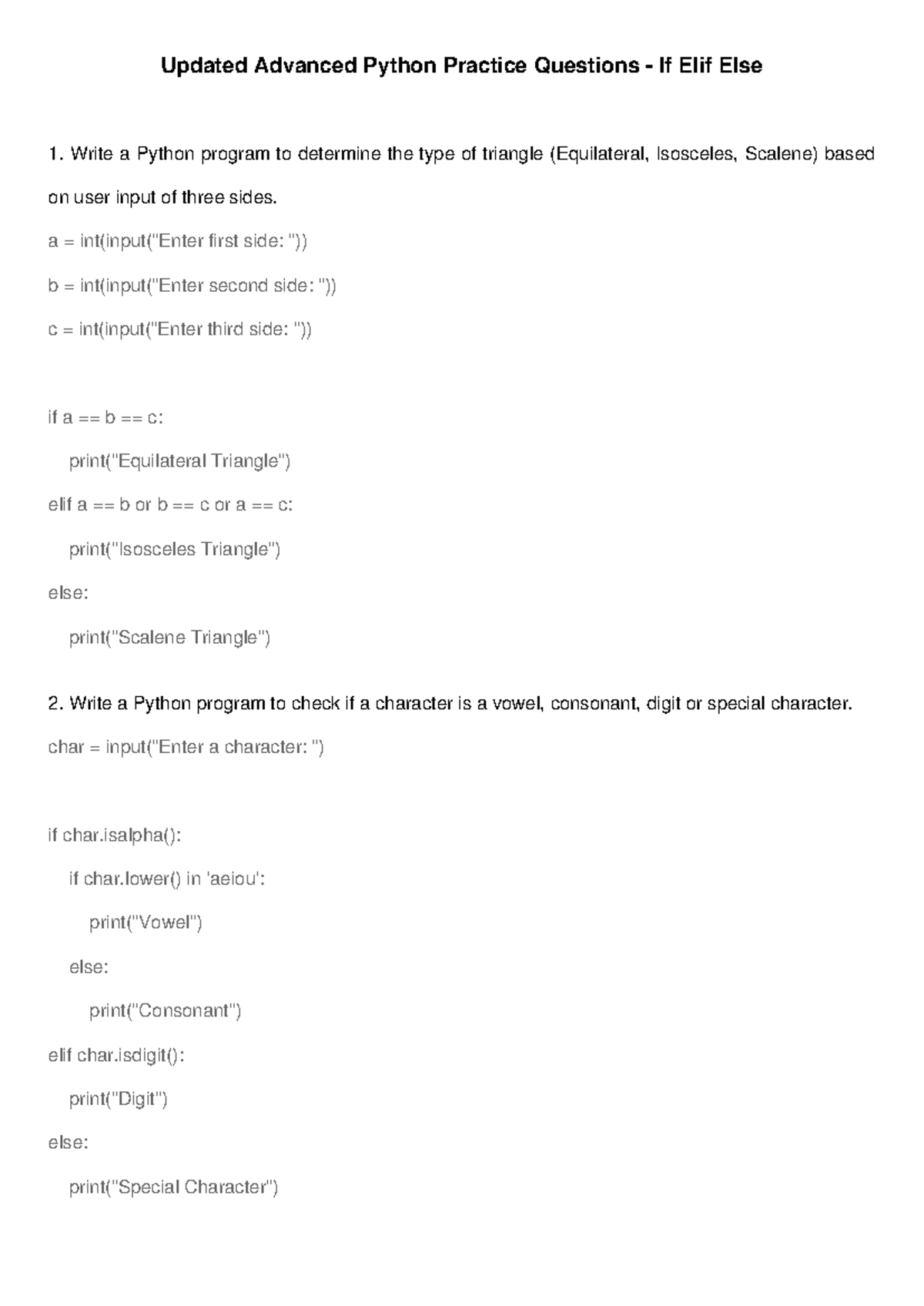 Advanced Python Practice Questions: If Elif Else 2 - Studocu