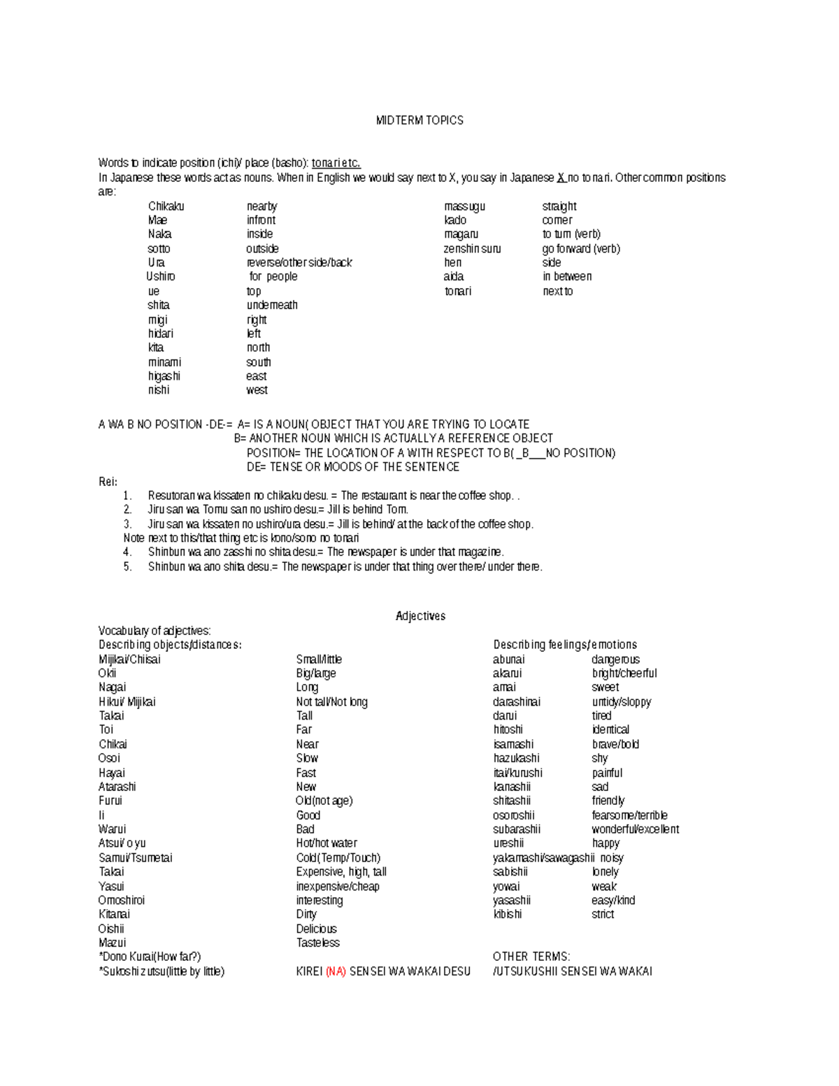 Midterm Study Guide: Japanese Vocabulary and Positioning (Nihongo ...