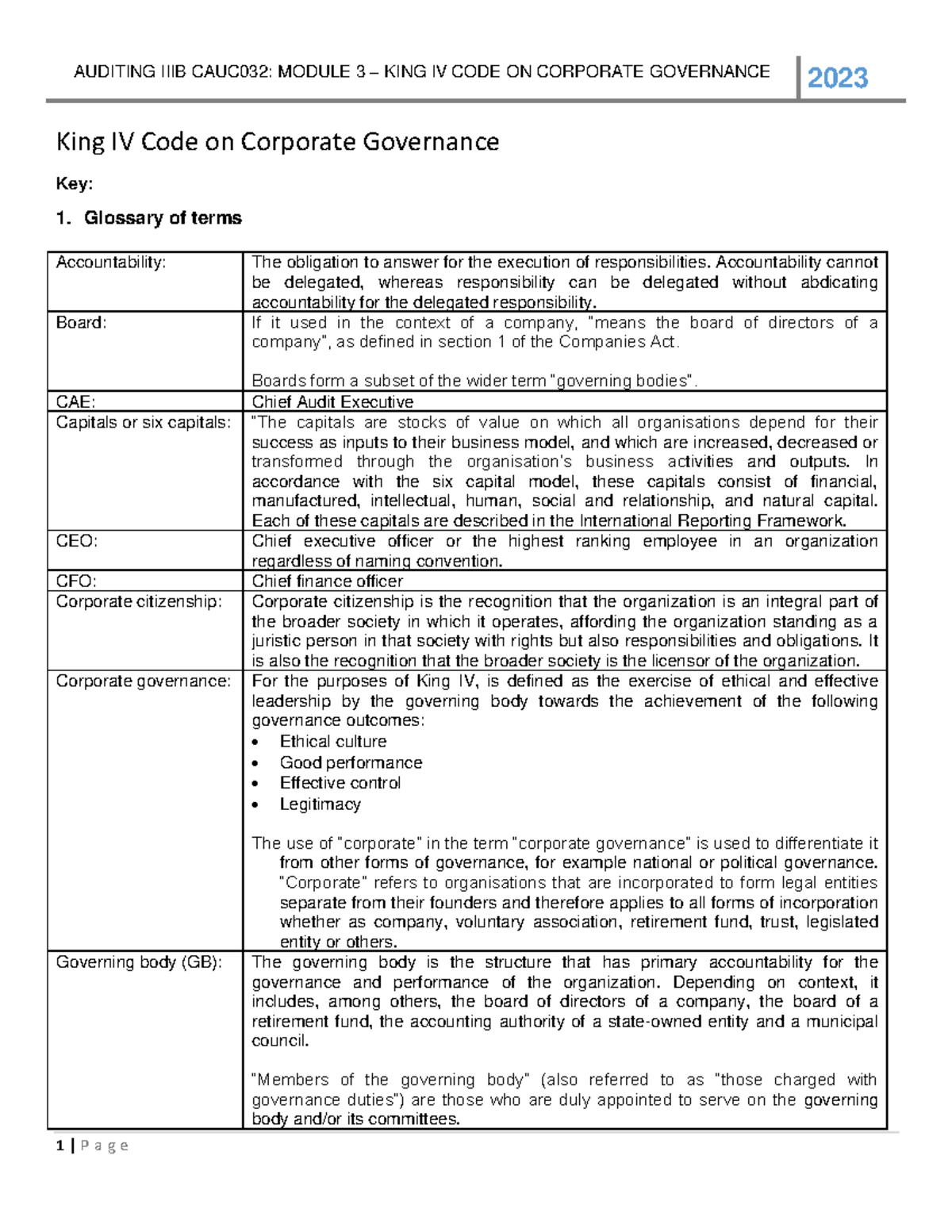 Module 3 Study Notes: Understanding the King IV Code on Corp Gov - Studocu