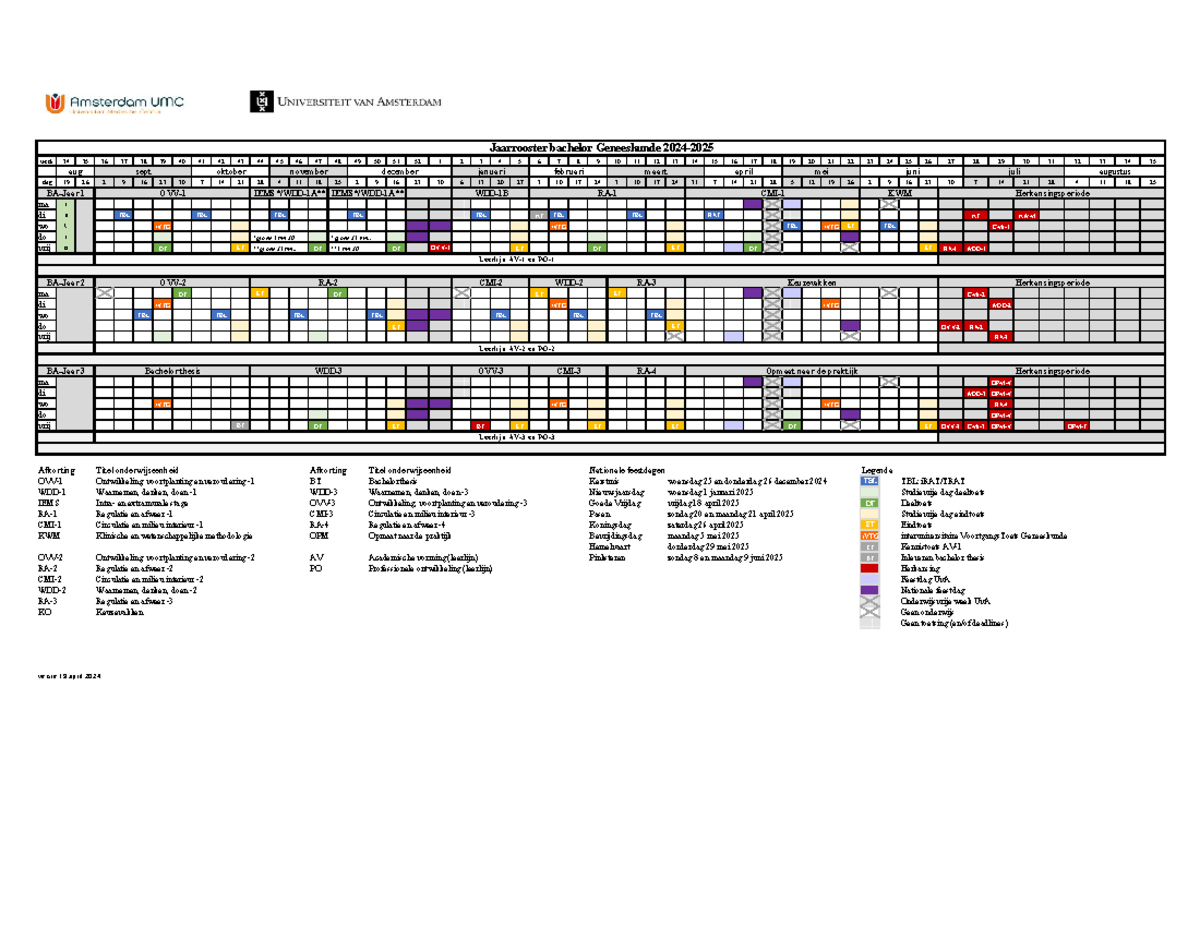 Jaarrooster Bachelor Geneeskunde Studiejaar 2024-2025 v.19 april 2024 ...
