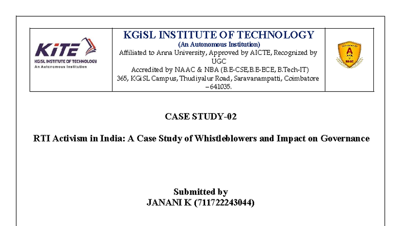 B.Tech Case Study: RTI Activism in India and Whistleblower Impact - Studocu