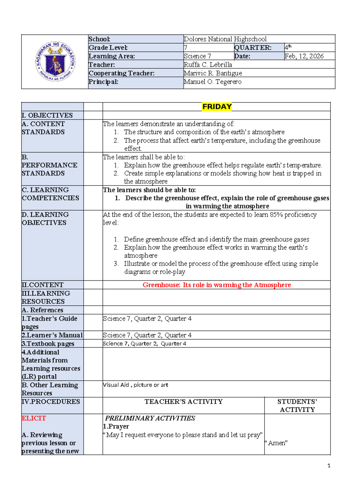 Science 7: Understanding the Greenhouse Effect - Lesson Plan - Studocu