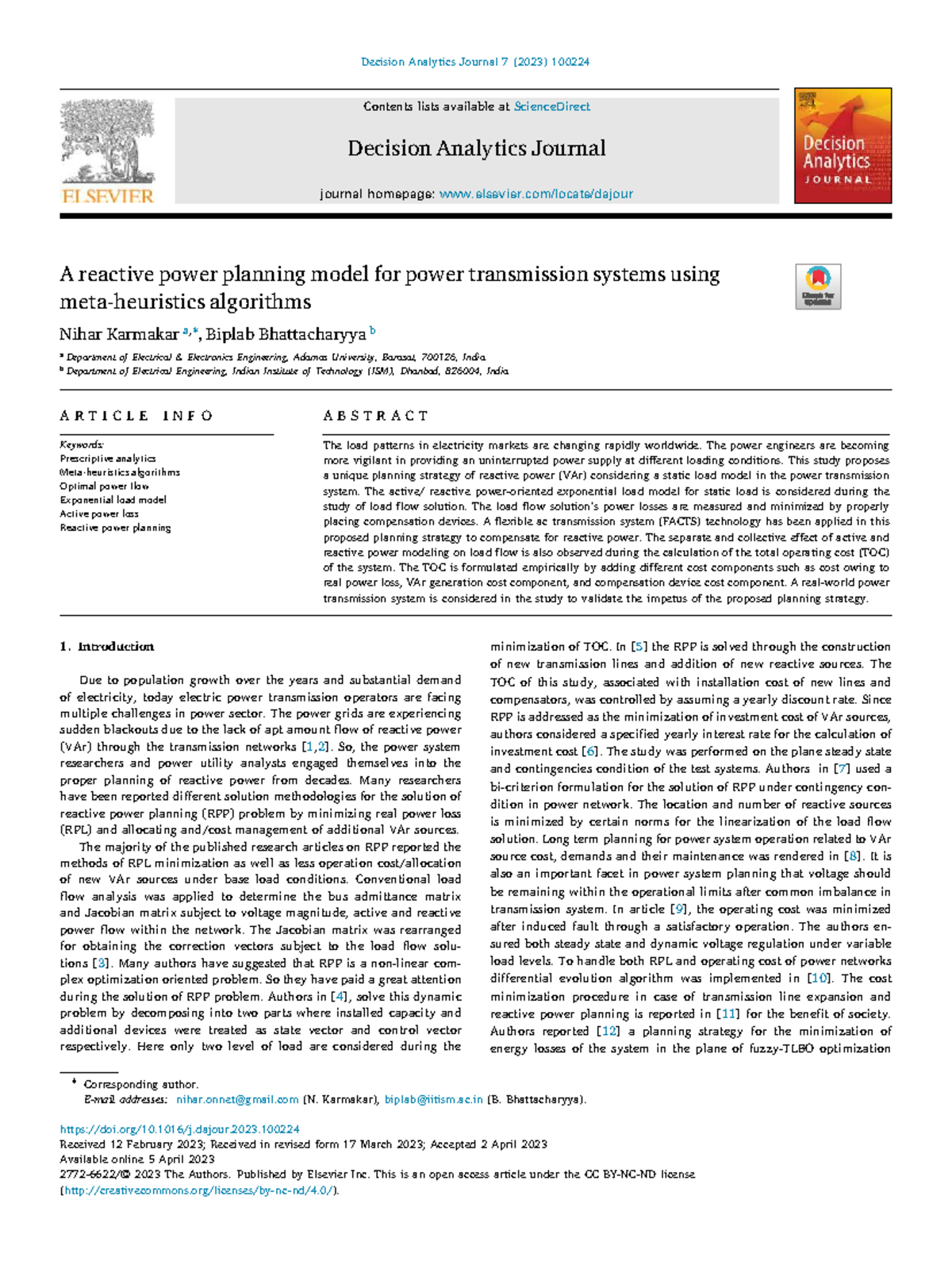 A Reactive Power Planning Model for Power Transmission Systems (EE 2023 ...