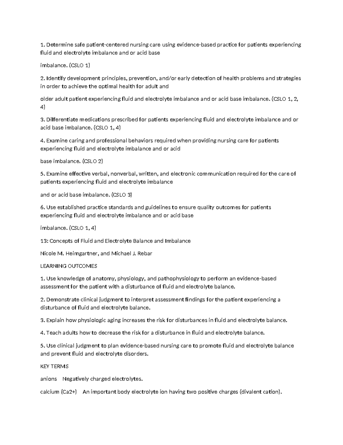 Unit 3: Fluid and Electrolyte Imbalance Nursing Care Notes (CSLO 1-4 ...