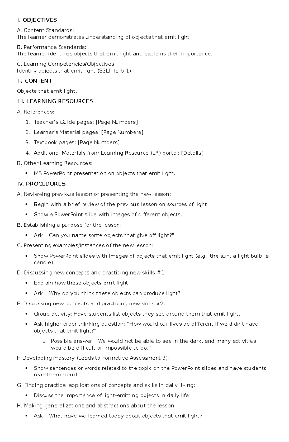 DLL IN Science 3 - Objects That Emit Light Lesson Plan - Studocu