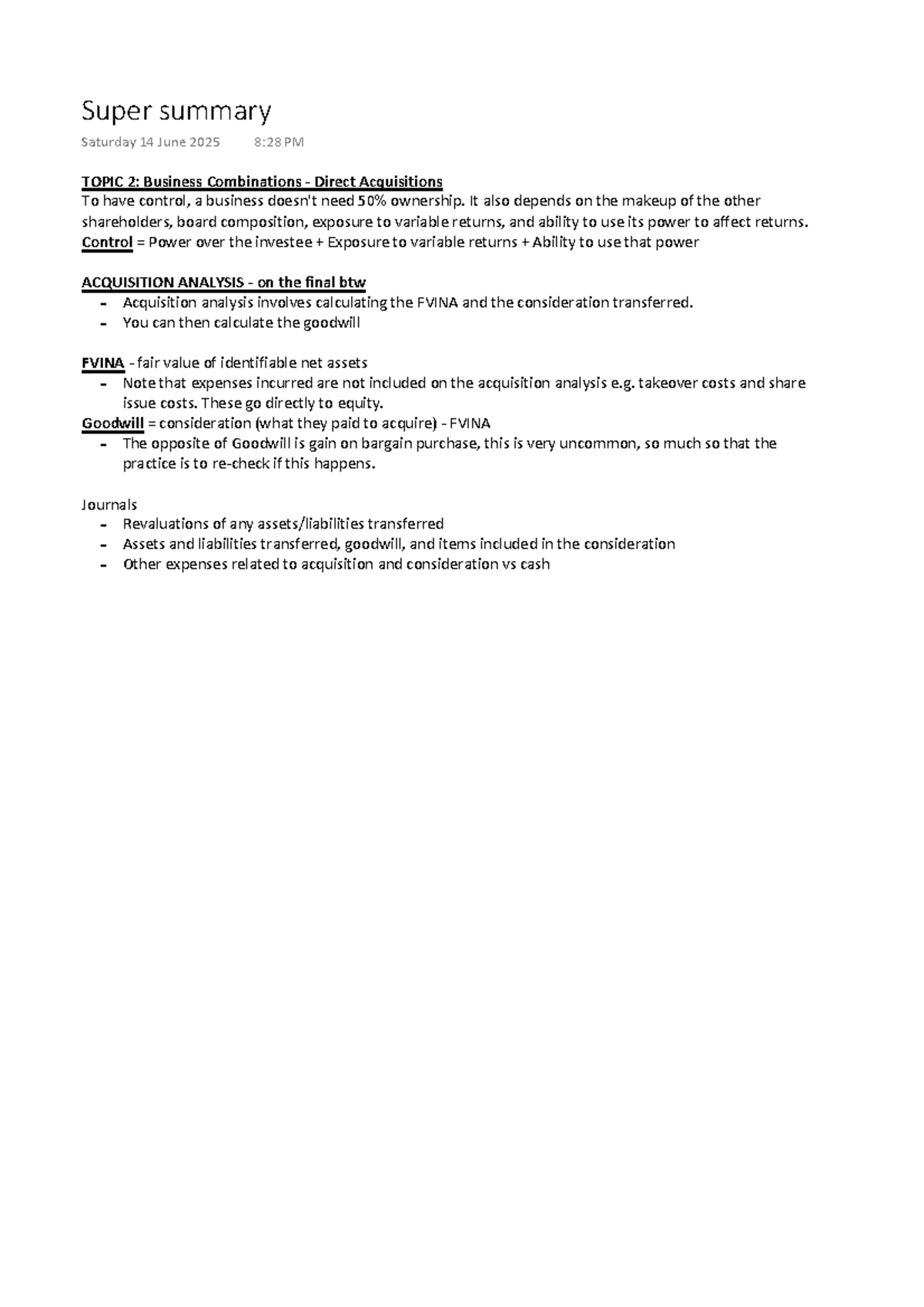 ACCT2542 Topic 2: Business Combinations Super Summary - Studocu