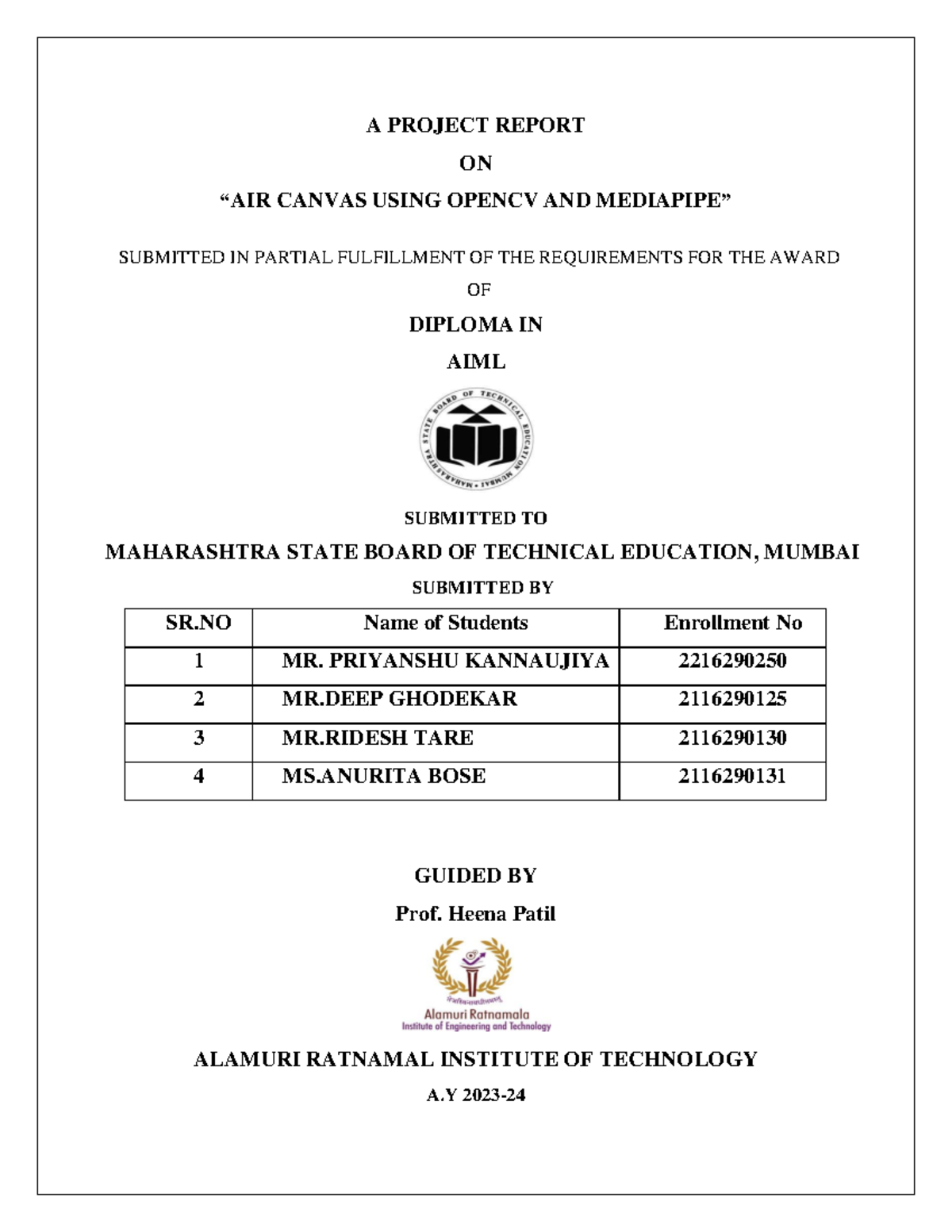 AIML Diploma Project Report: Air Canvas Using OpenCV & MediaPipe - Studocu