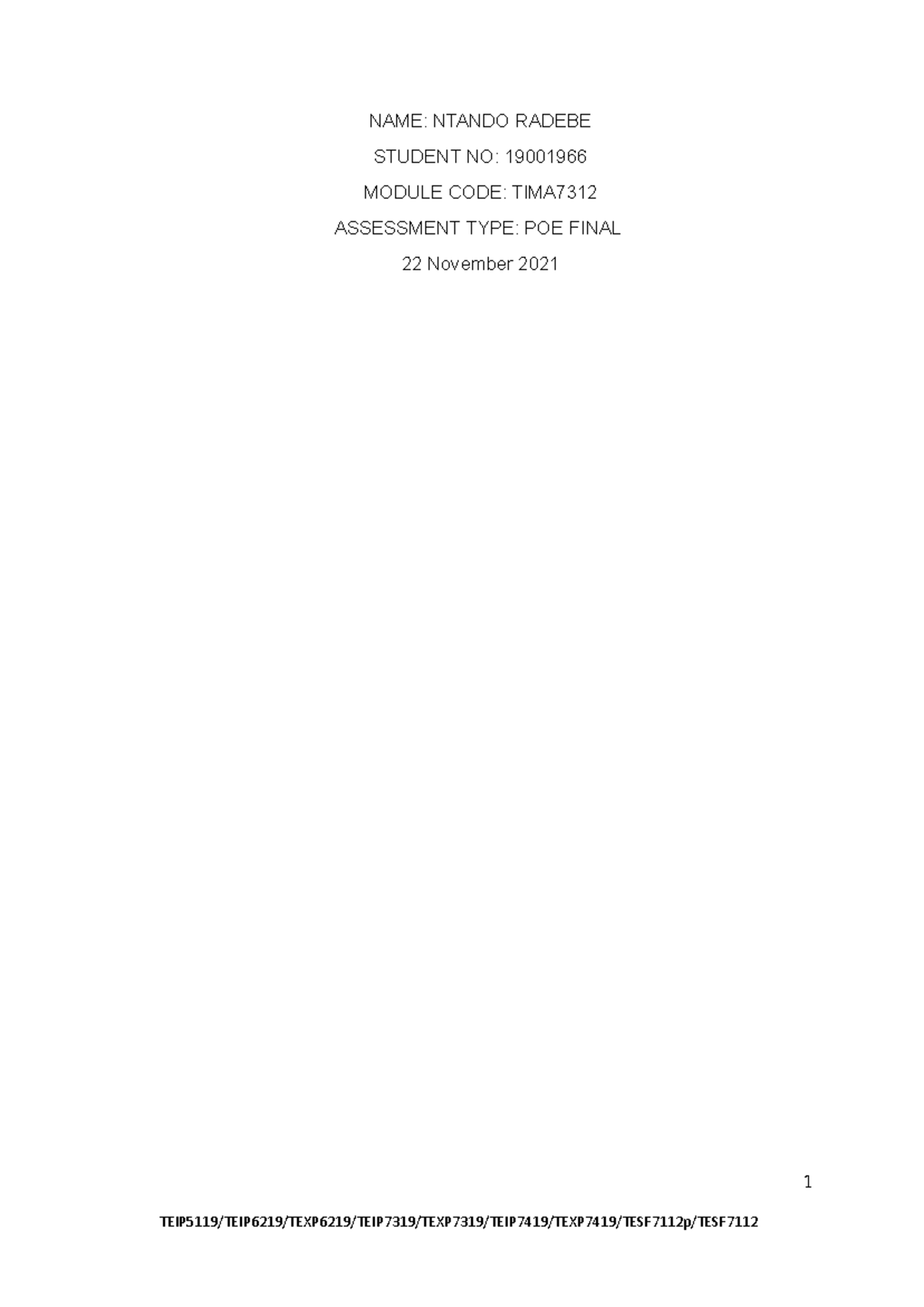 Ntando Radebe 19001966 TIMA7312 POE - ####### 1 - Studocu