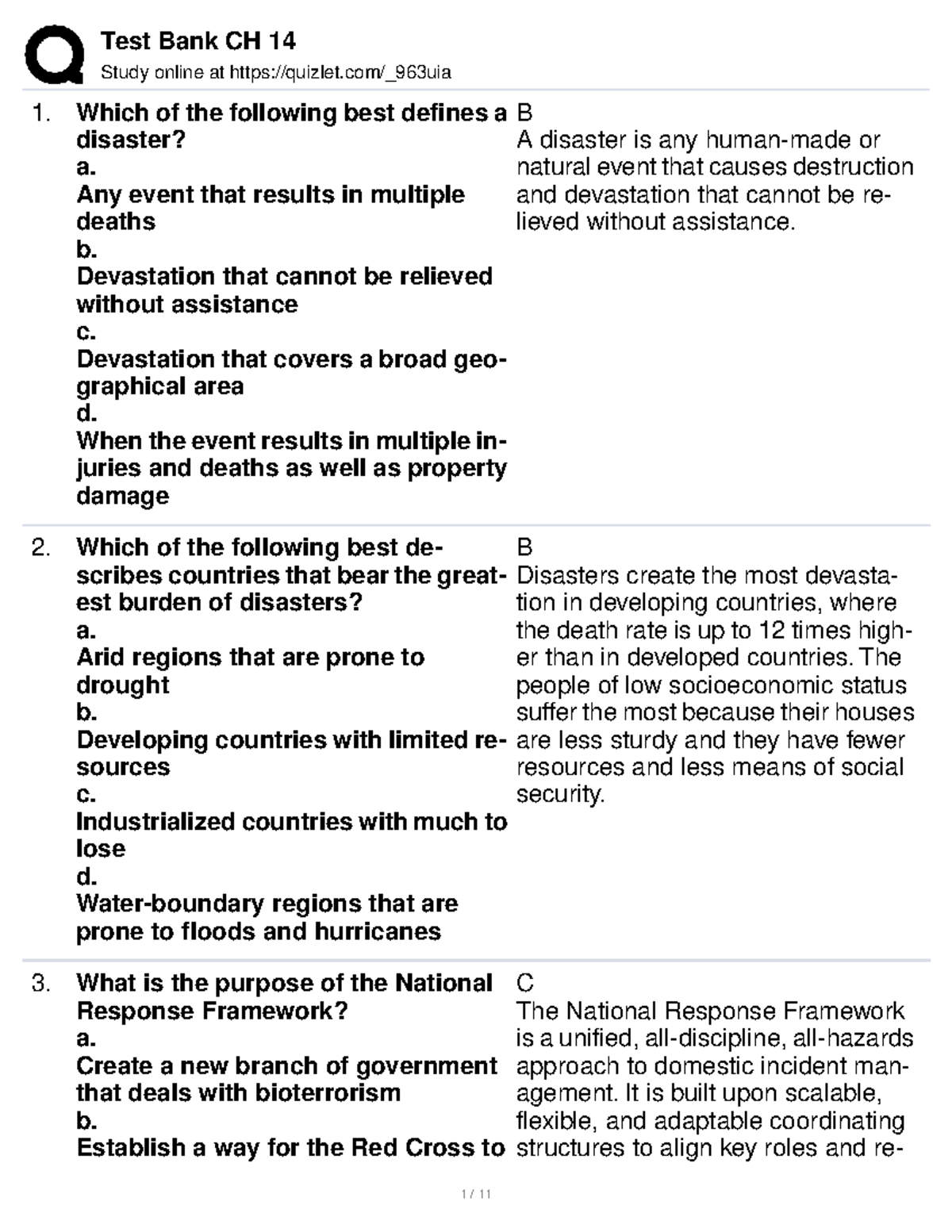 Chapter 14 - Disaster Management Practice Questions (Test Bank) - Studocu