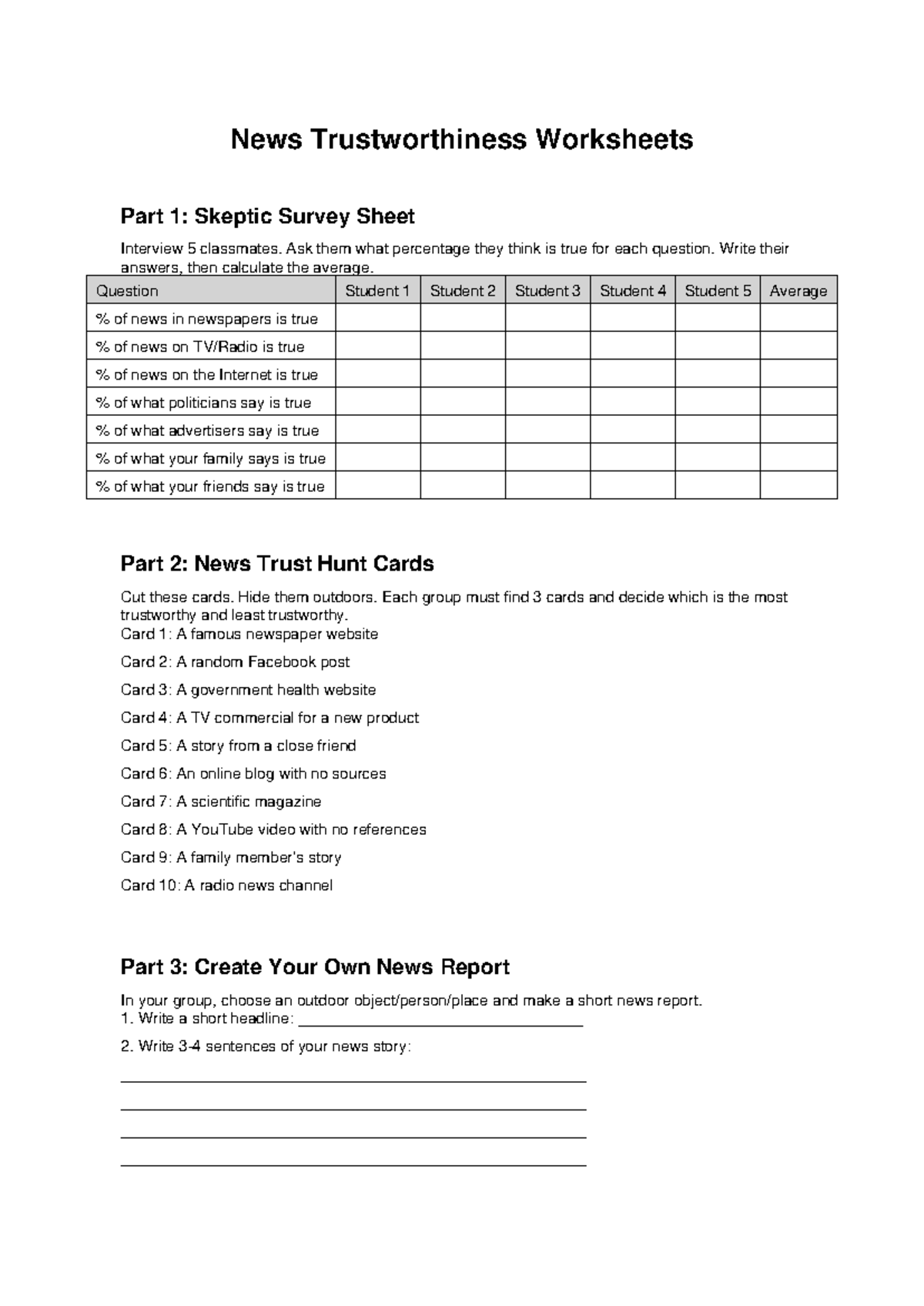 News Trustworthiness Worksheet: Skeptic Survey & Trust Hunt Activities ...
