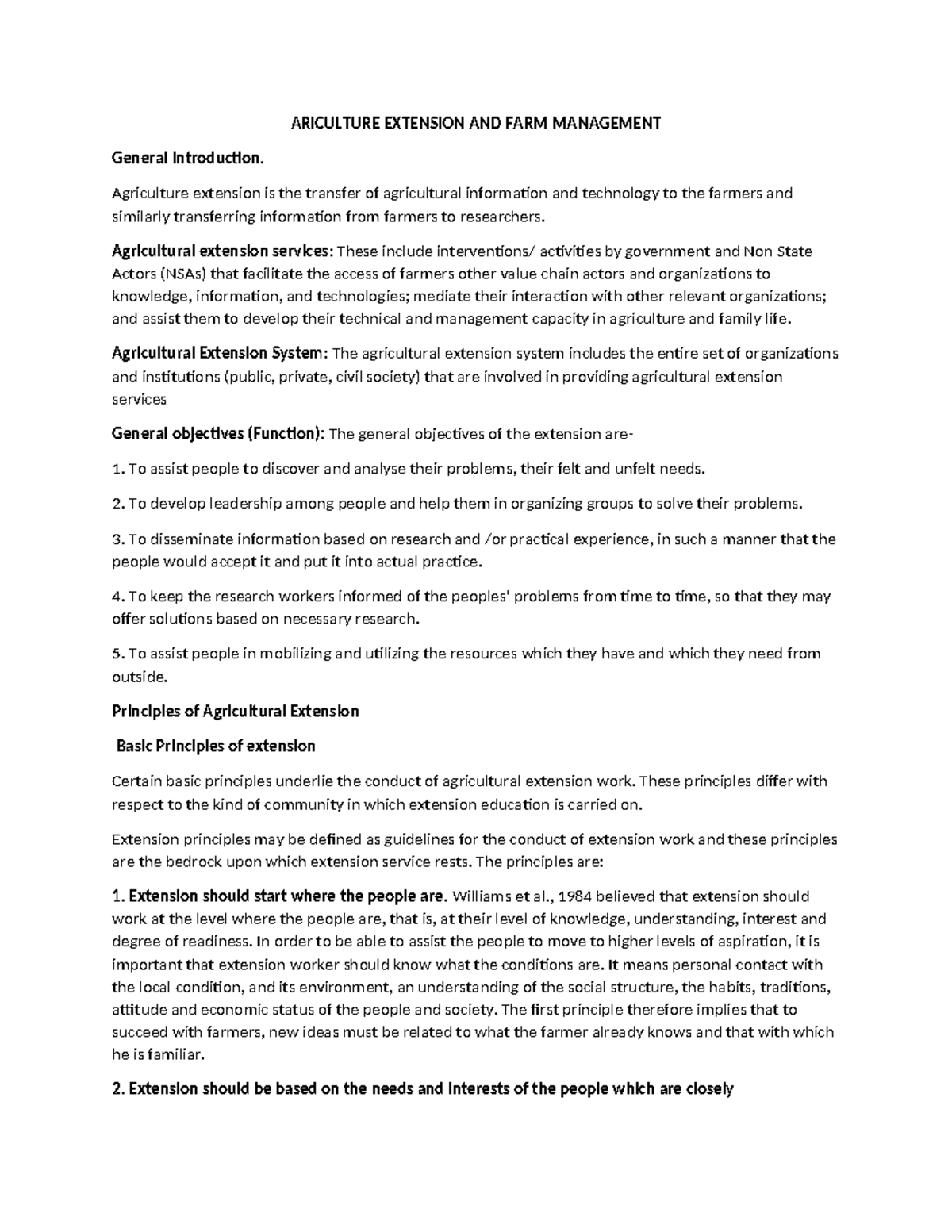 AGRI 101: Agriculture Extension and Farm Management Notes - Studocu