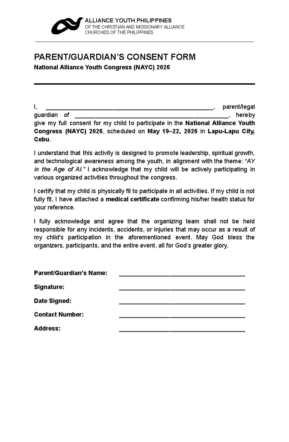NAYC 2026 Parent Consent Form for Youth Participation - Studocu