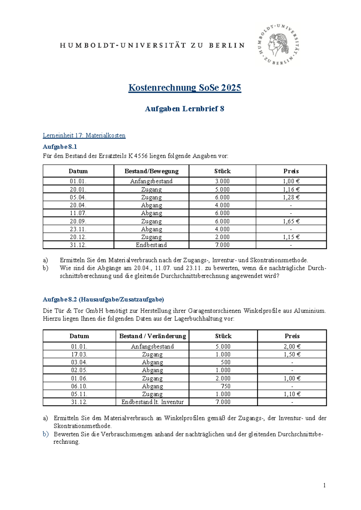 Kostenrechnung SoSe 2025: Aufgaben und Übungen zu Materialkosten und ...