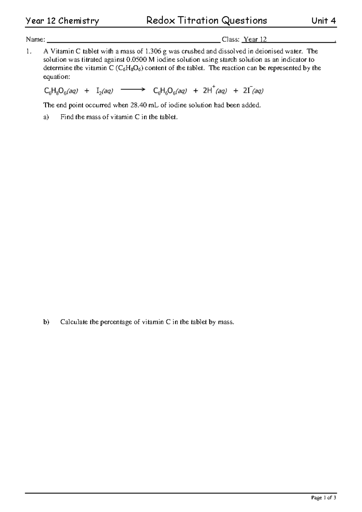 Year 12 Chemistry Unit 4 Redox Titration Questions & Calculations - Studocu