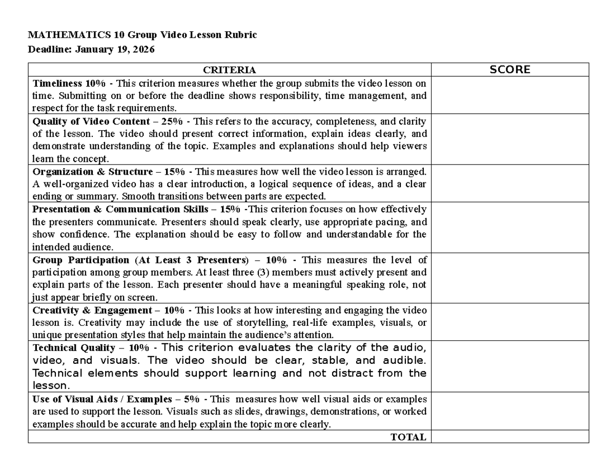 MATHEMATICS 10 Group 3 Video Lesson Rubric Evaluation Criteria - Studocu