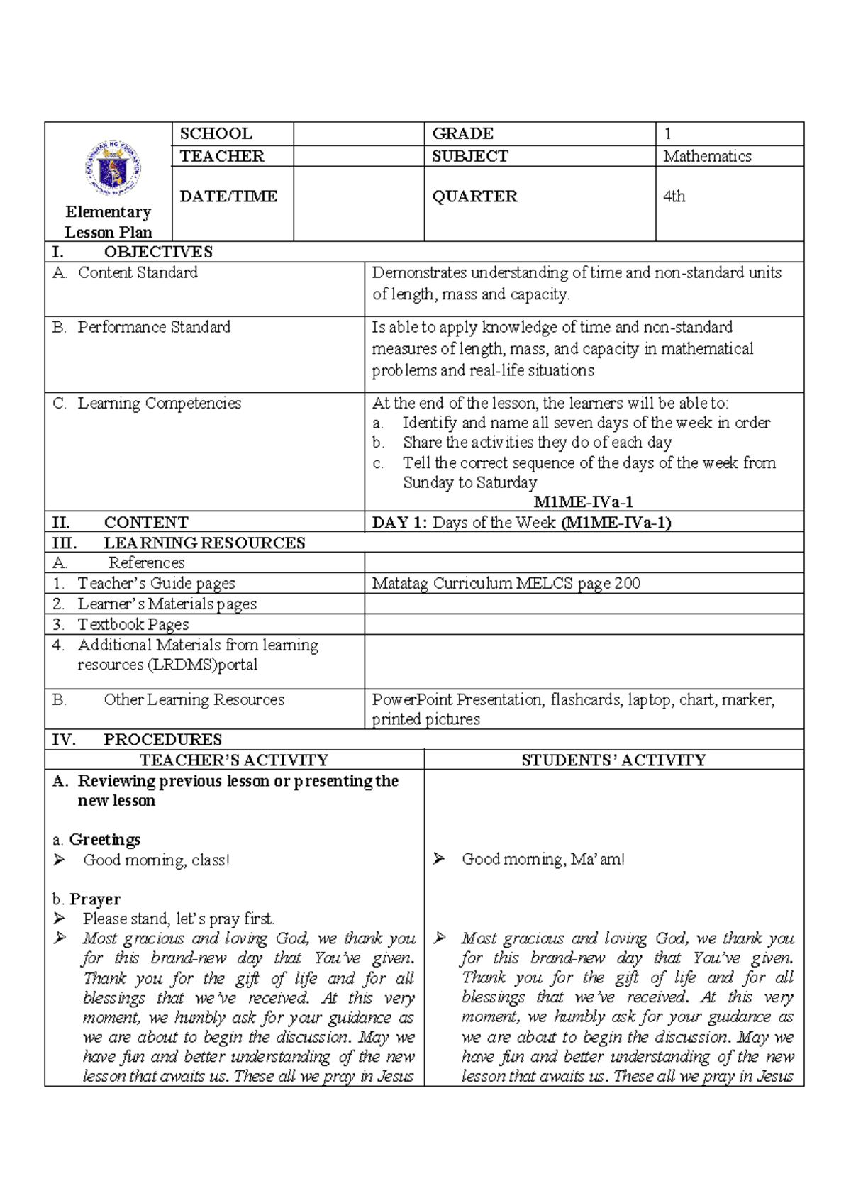Grade 1 Mathematics Lesson Plan: Days of the Week (4th Quarter) - Studocu