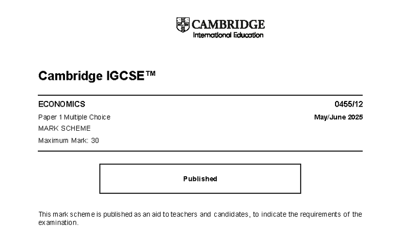 Cambridge IGCSE ECONOMICS 0455 Paper 1 MCQ Mark Scheme 2025 - Studocu