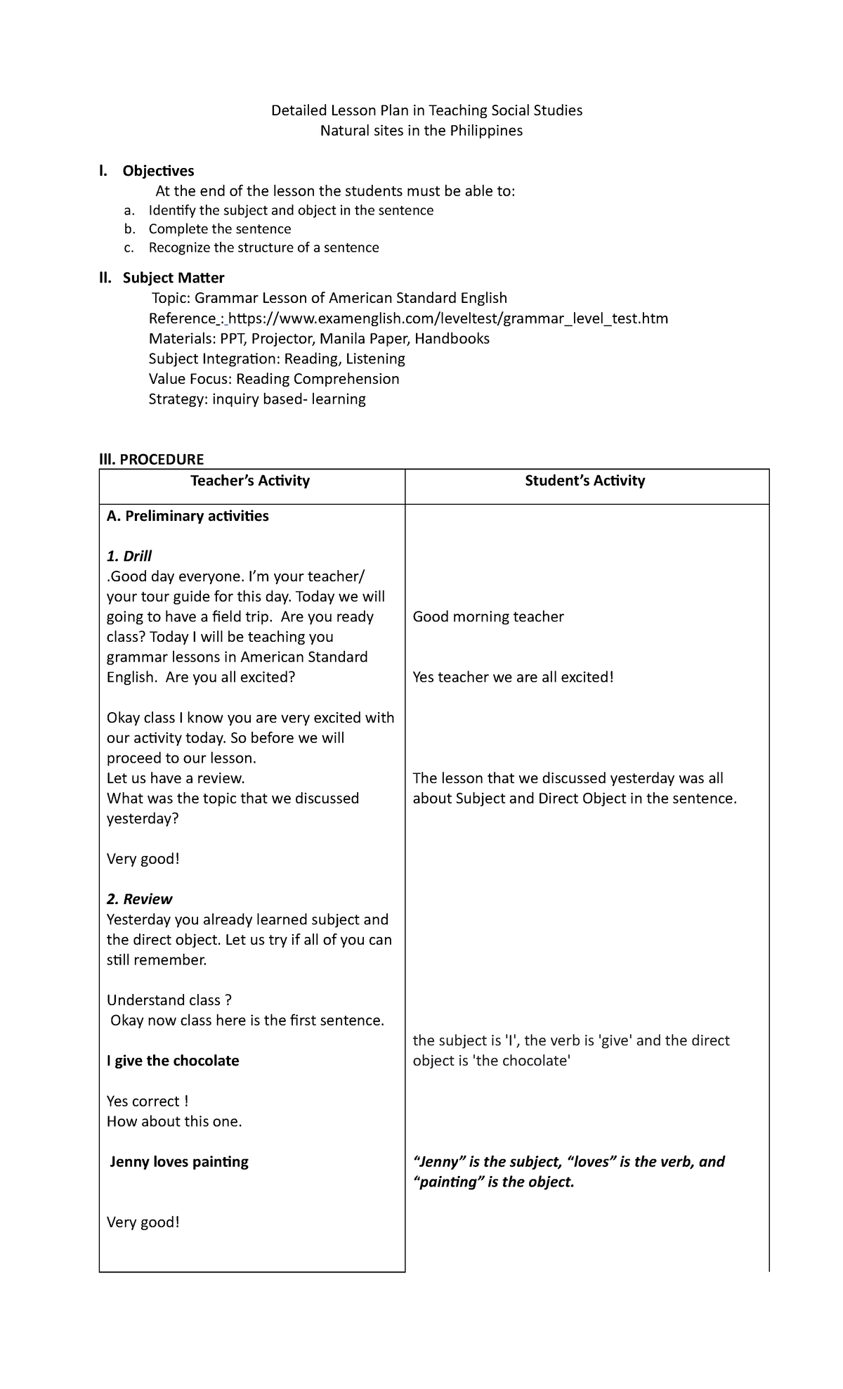Detailed Lesson Plan: Teaching Social Studies in the Philippines - Studocu