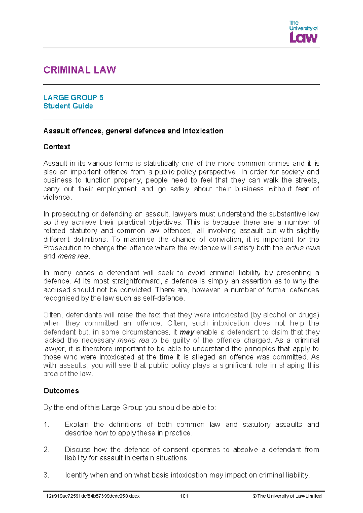 CRIMINAL LAW LG05 Student Guide: Assault Offences & Defences - Studocu