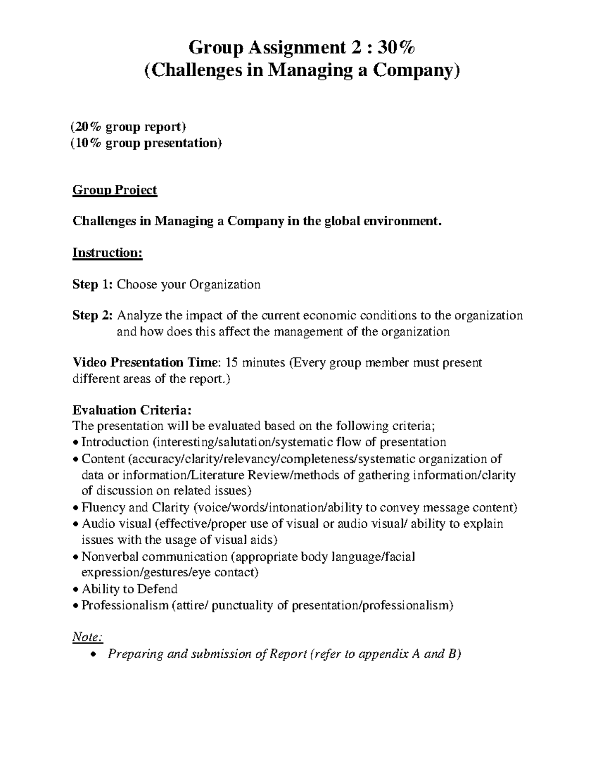Group Assignment 2 Guidelines - Group Assignment 2 : 30% (Challenges in Managing a Company) (20% ...
