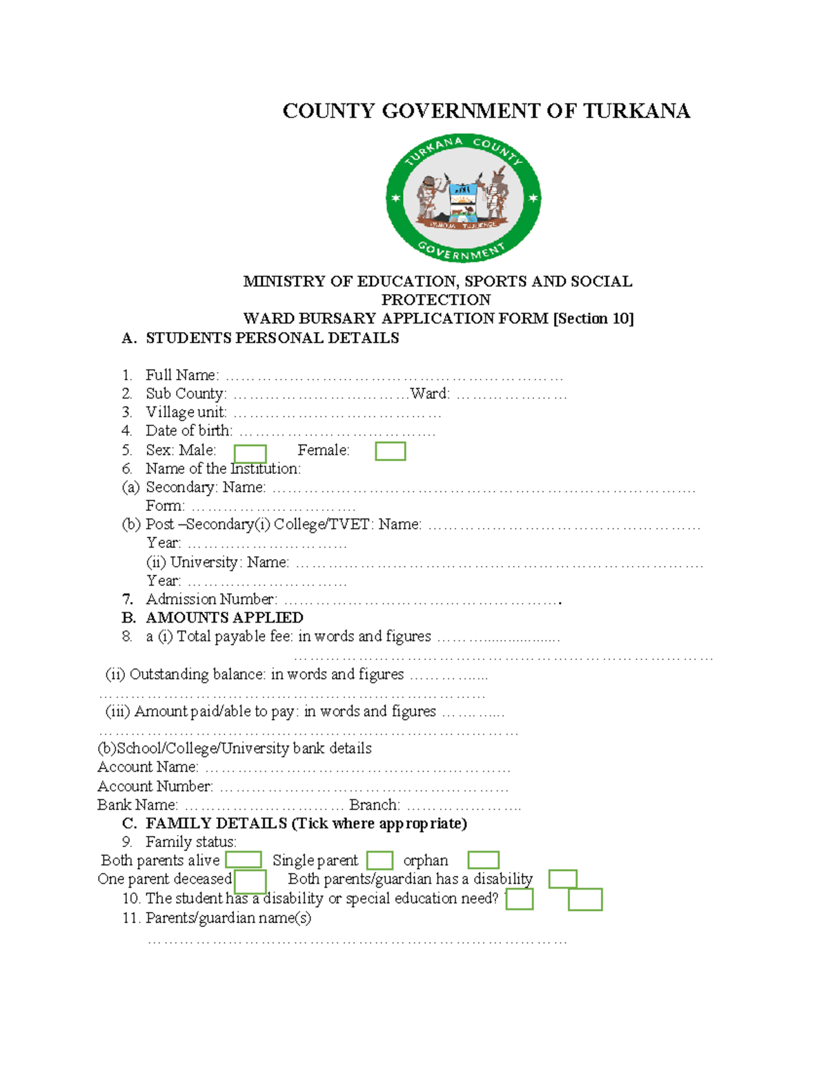 TCG Ward Bursary Application Form - County Government of Turkana - Studocu