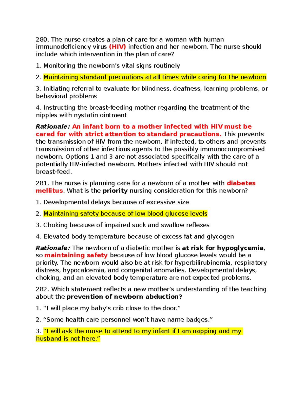 OB Nursing Practice Questions: HIV, Diabetes, and Newborn Care - Studocu
