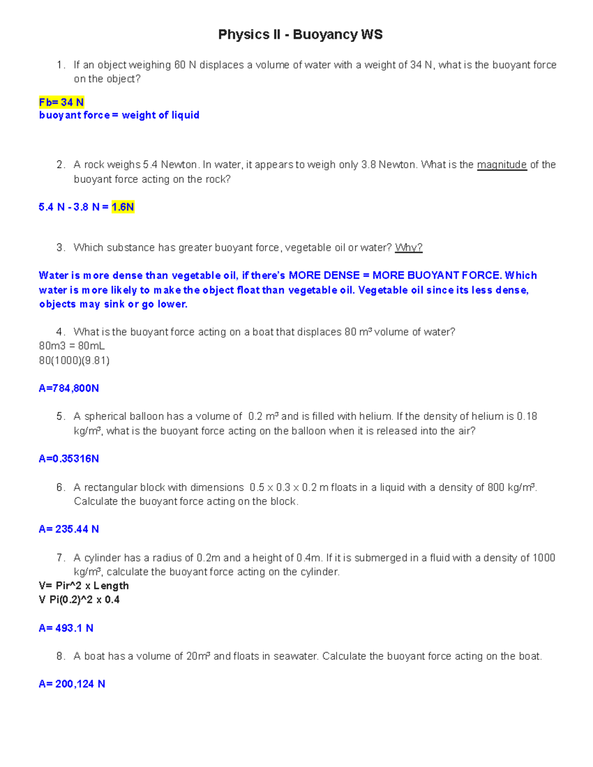 Physics II - Buoyancy Worksheet and Solutions - Studocu