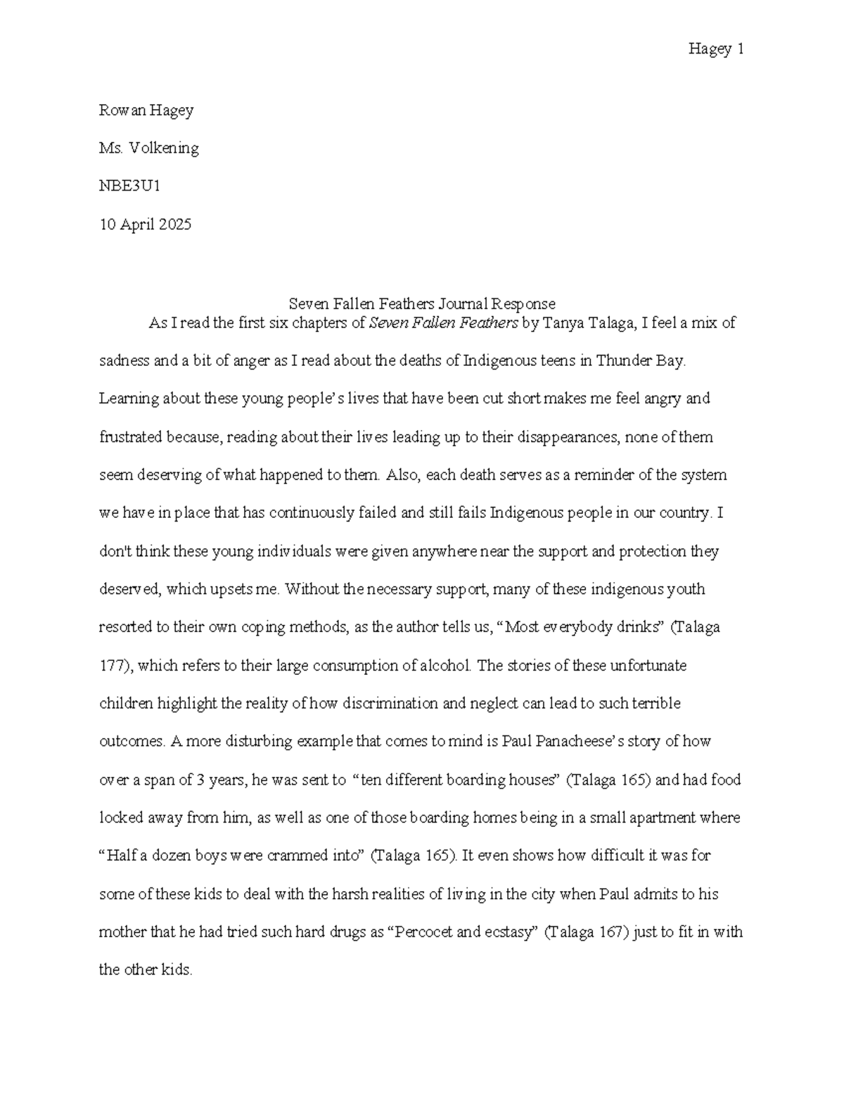 NBE3U1 Seven Fallen Feathers Journal Response: Chapters 1-6 Analysis ...