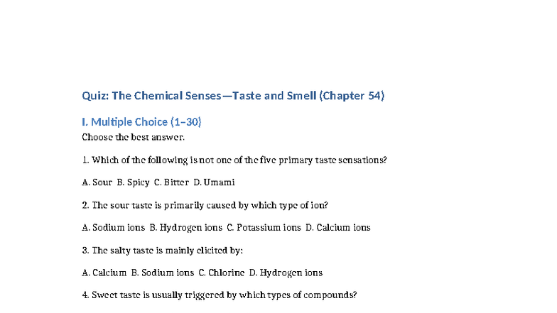 Quiz: Chemical Senses (Chapter 54) - Multiple Choice & Short Answer - Studocu