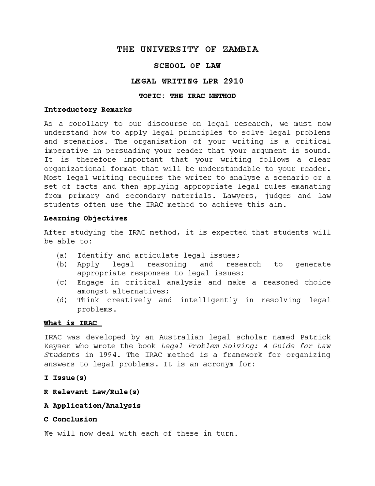 IRAC Method Notes for LPR 2910 - Essential Guide for Law Students - Studocu