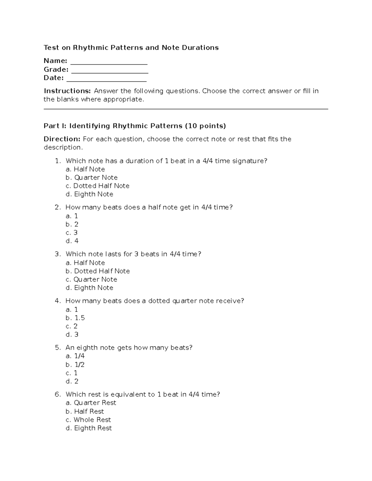 Test on Rhythmic Patterns & Note Durations (Music 101) - Studocu