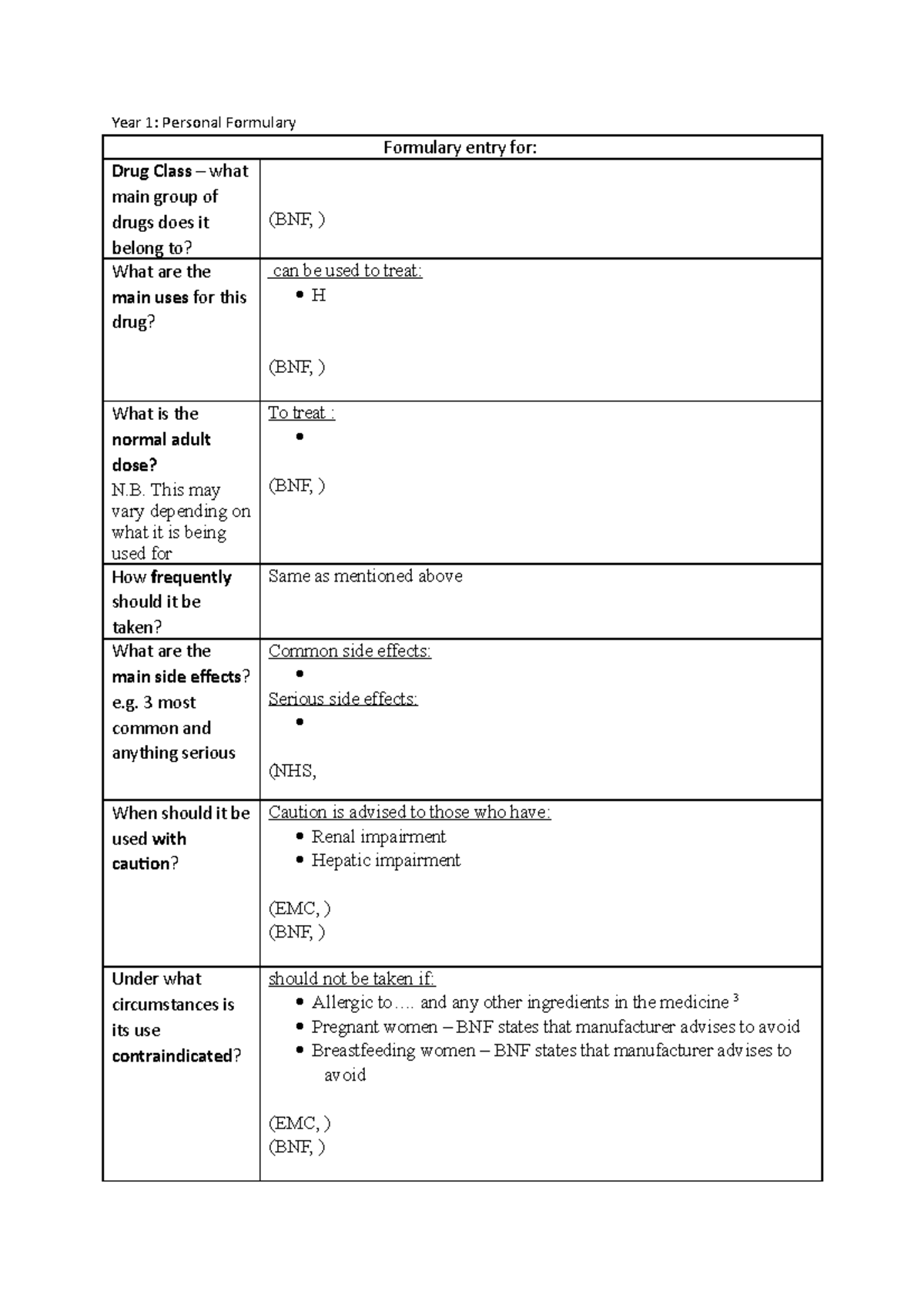 Blank formulary sheet - Template for writing formularies - Year 1 ...