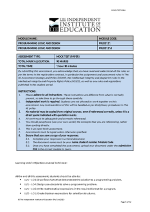 PRLD5121 - Rosebank College - Programming Logic and design - Studocu